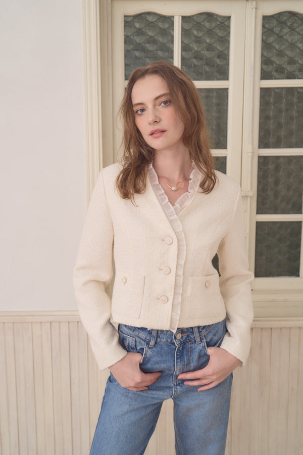 Sheer frill tweed jacket -Off- – Meline M