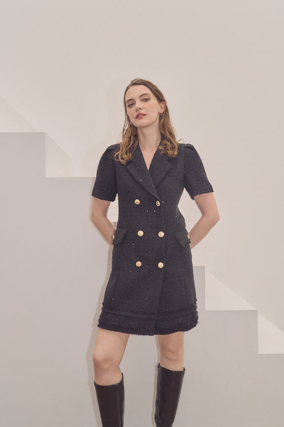 Tweed fringe mini one piece -Black- – Meline M